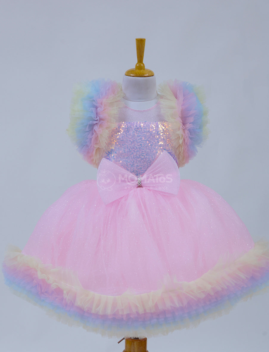 An Elegant Pink Frock With Rainbow Ruffles for Girls – Momatos